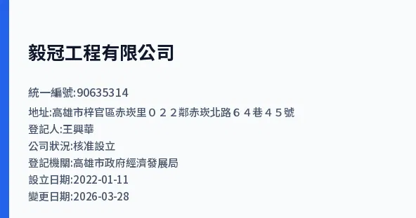 毅冠工程有限公司的照片-統編 90635314(高雄市) 公司登記資料與營業項目詳細圖表