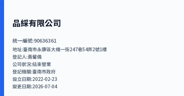 品綵有限公司的照片-統編 90636361(臺南市) 公司登記資料與營業項目詳細圖表