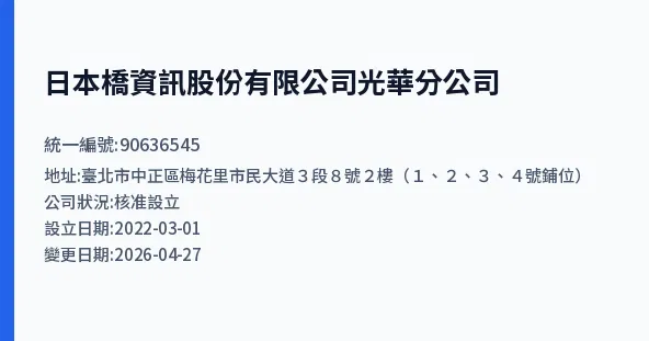 日本橋資訊股份有限公司光華分公司的照片-統編 90636545(臺北市) 公司登記資料與營業項目詳細圖表