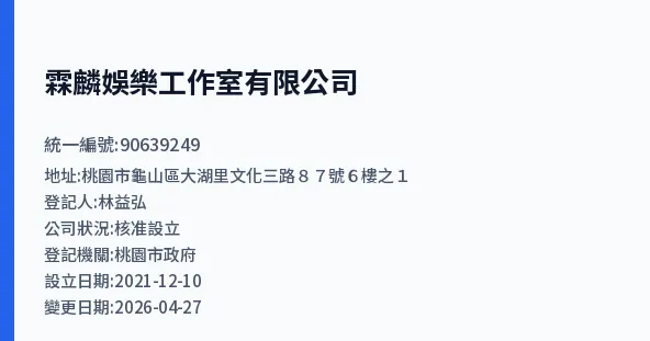 霖麟娛樂工作室有限公司的照片-統編 90639249(桃園市) 公司登記資料與營業項目詳細圖表