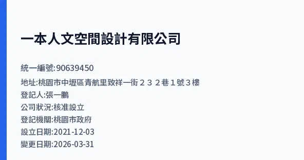 一本人文空間設計有限公司的照片-統編 90639450(桃園市) 公司登記資料與營業項目詳細圖表