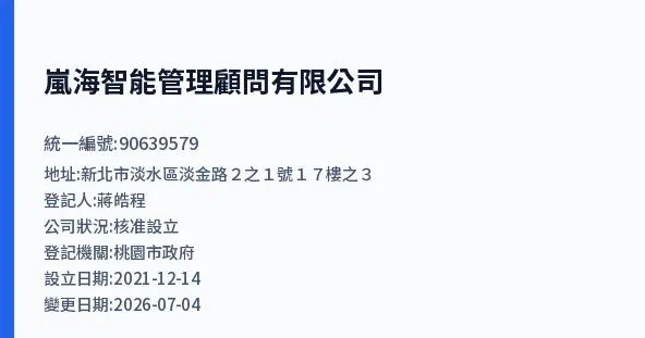 嵐海智能管理顧問有限公司的照片-統編 90639579(新北市) 公司登記資料與營業項目詳細圖表