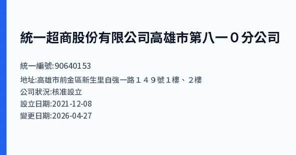 統一超商股份有限公司高雄市第八一0分公司的照片-統編 90640153(高雄市) 公司登記資料與營業項目詳細圖表