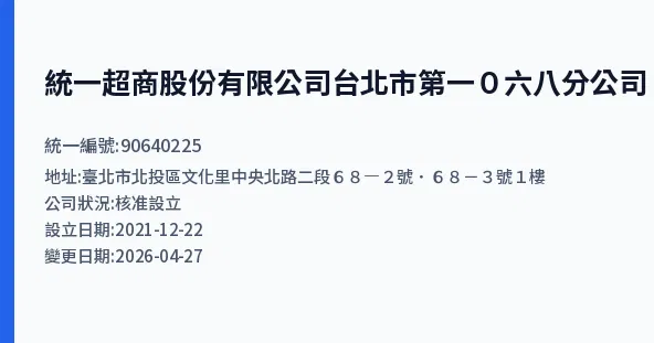 統一超商股份有限公司台北市第一0六八分公司的照片-統編 90640225(臺北市) 公司登記資料與營業項目詳細圖表