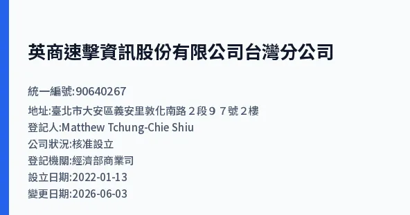 英商速擊資訊股份有限公司台灣分公司的照片-統編 90640267(臺北市) 公司登記資料與營業項目詳細圖表