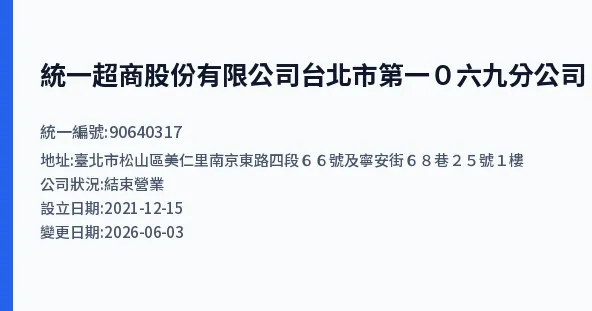 統一超商股份有限公司台北市第一0六九分公司的照片-統編 90640317(臺北市) 公司登記資料與營業項目詳細圖表