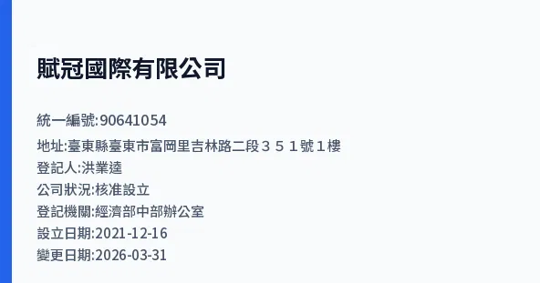 賦冠國際有限公司的照片-統編 90641054(臺東縣) 公司登記資料與營業項目詳細圖表