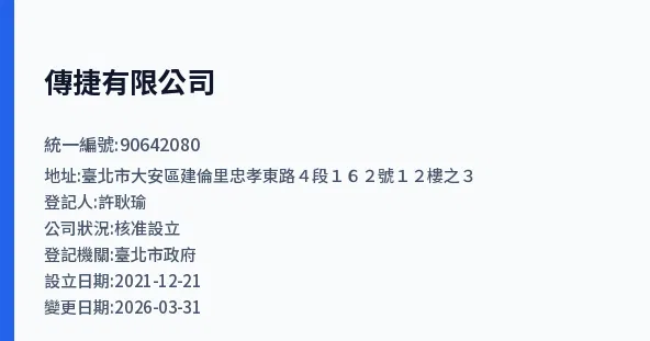 傳捷有限公司的照片-統編 90642080(臺北市) 公司登記資料與營業項目詳細圖表