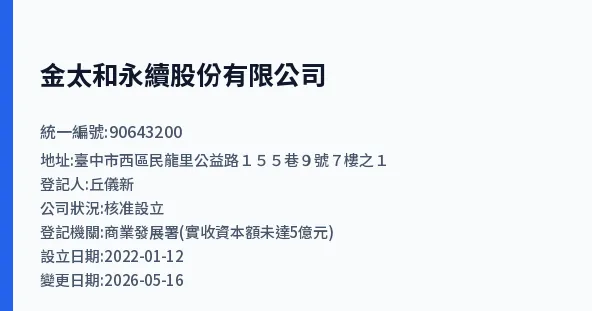 金太和永續股份有限公司的照片-統編 90643200(臺中市) 公司登記資料與營業項目詳細圖表