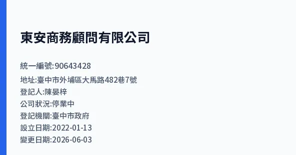 東安商務顧問有限公司的照片-統編 90643428(臺中市) 公司登記資料與營業項目詳細圖表