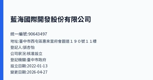 藍海國際開發股份有限公司的照片-統編 90643497(臺中市) 公司登記資料與營業項目詳細圖表