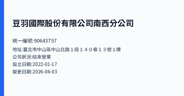 豆羽國際股份有限公司南西分公司的照片-統編 90643757(臺北市) 公司登記資料與營業項目詳細圖表