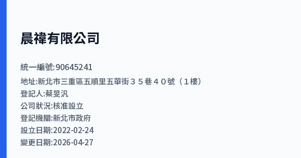 晨禕有限公司的照片-統編 90645241(新北市) 公司登記資料與營業項目詳細圖表