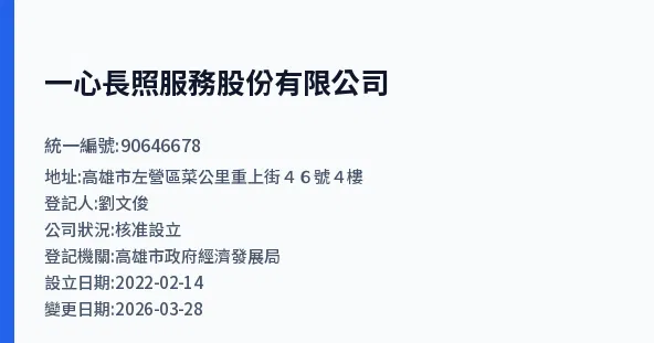 一心長照服務股份有限公司的照片-統編 90646678(高雄市) 公司登記資料與營業項目詳細圖表