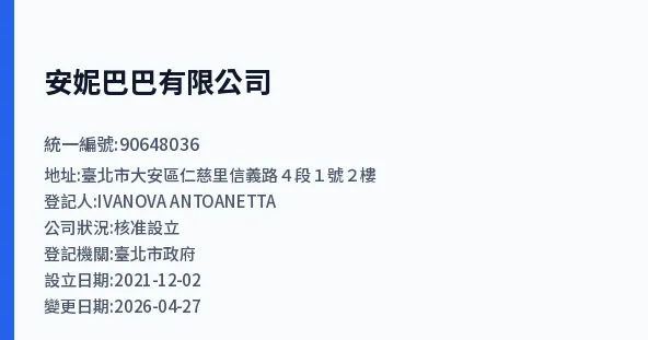 安妮巴巴有限公司的照片-統編 90648036(臺北市) 公司登記資料與營業項目詳細圖表
