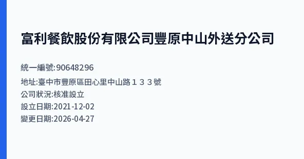 富利餐飲股份有限公司豐原中山外送分公司的照片-統編 90648296(臺中市) 公司登記資料與營業項目詳細圖表