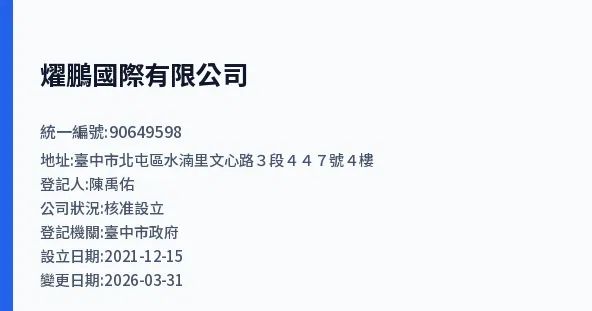 燿鵬國際有限公司的照片-統編 90649598(臺中市) 公司登記資料與營業項目詳細圖表