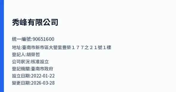 秀峰有限公司的照片-統編 90651600(臺南市) 公司登記資料與營業項目詳細圖表