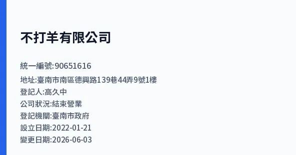 不打羊有限公司的照片-統編 90651616(臺南市) 公司登記資料與營業項目詳細圖表