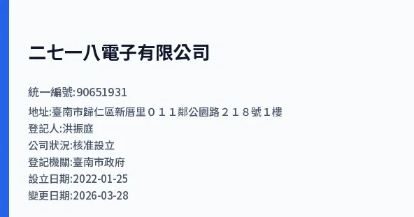 二七一八電子有限公司的照片-統編 90651931(臺南市) 公司登記資料與營業項目詳細圖表