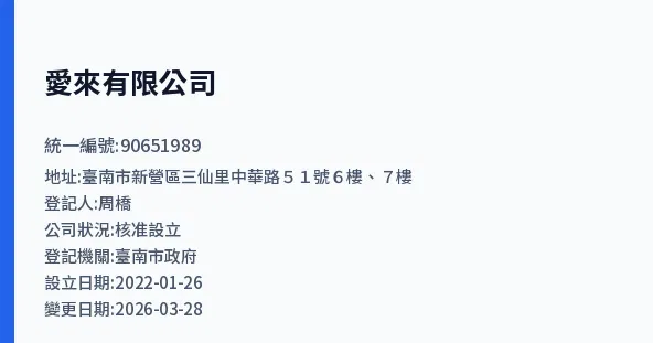 愛來有限公司的照片-統編 90651989(臺南市) 公司登記資料與營業項目詳細圖表
