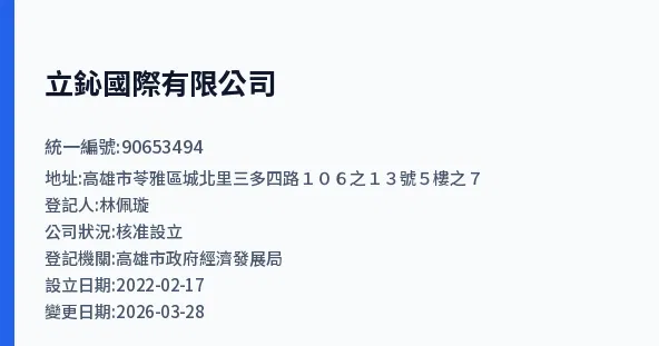 立鈊國際有限公司的照片-統編 90653494(高雄市) 公司登記資料與營業項目詳細圖表