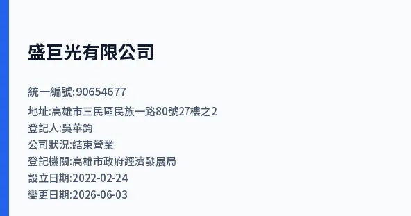 盛巨光有限公司的照片-統編 90654677(高雄市) 公司登記資料與營業項目詳細圖表