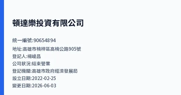 頓達樂投資有限公司的照片-統編 90654894(高雄市) 公司登記資料與營業項目詳細圖表
