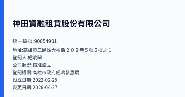 神田資融租賃股份有限公司的照片-統編 90654901(高雄市) 公司登記資料與營業項目詳細圖表