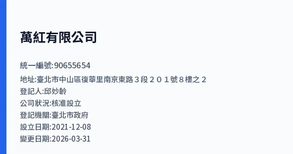 萬紅有限公司的照片-統編 90655654(臺北市) 公司登記資料與營業項目詳細圖表