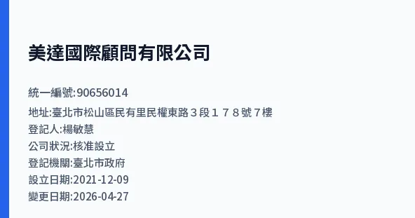 美達國際顧問有限公司的照片-統編 90656014(臺北市) 公司登記資料與營業項目詳細圖表