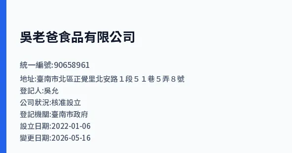 吳老爸食品有限公司的照片-統編 90658961(臺南市) 公司登記資料與營業項目詳細圖表