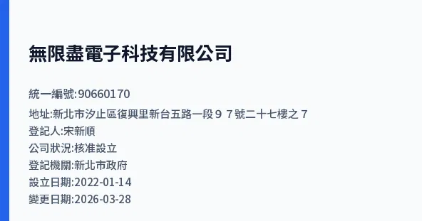 無限盡電子科技有限公司的照片-統編 90660170(新北市) 公司登記資料與營業項目詳細圖表