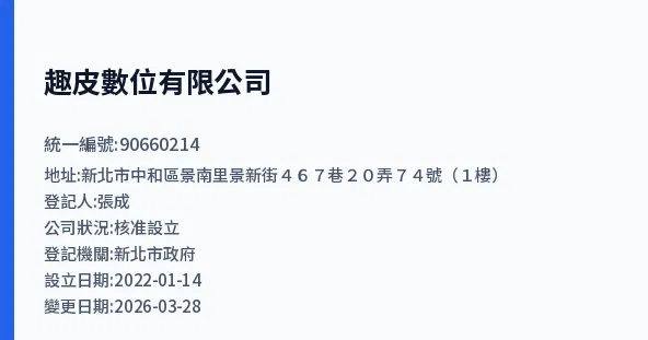 趣皮數位有限公司的照片-統編 90660214(新北市) 公司登記資料與營業項目詳細圖表