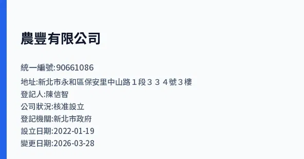 農豐有限公司的照片-統編 90661086(新北市) 公司登記資料與營業項目詳細圖表
