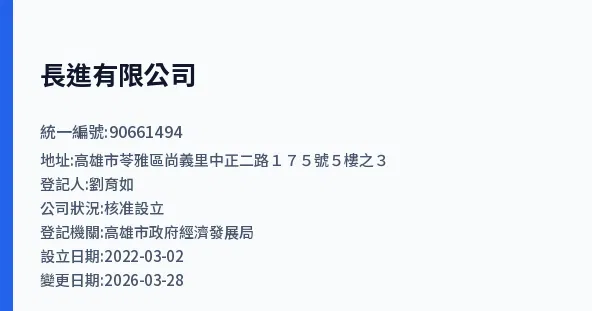 長進有限公司的照片-統編 90661494(高雄市) 公司登記資料與營業項目詳細圖表