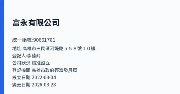 富永有限公司的照片-統編 90661781(高雄市) 公司登記資料與營業項目詳細圖表