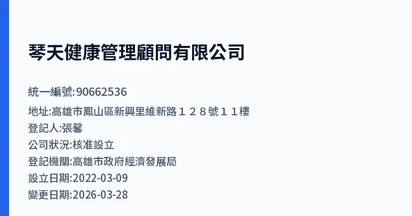 琴天健康管理顧問有限公司的照片-統編 90662536(高雄市) 公司登記資料與營業項目詳細圖表