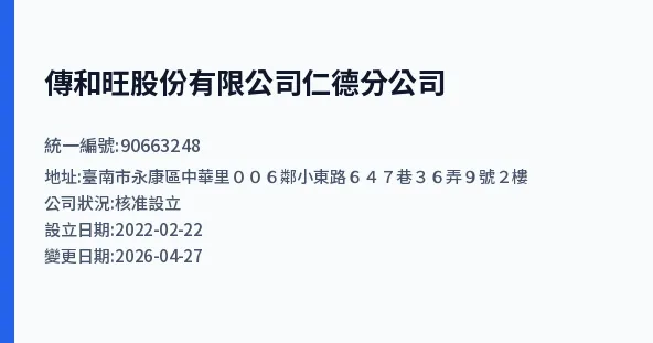 傳和旺股份有限公司仁德分公司的照片-統編 90663248(臺南市) 公司登記資料與營業項目詳細圖表