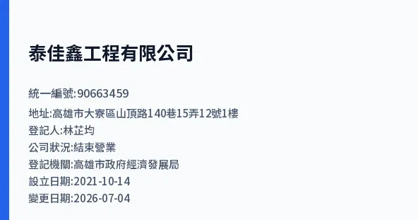 泰佳鑫工程有限公司的照片-統編 90663459(高雄市) 公司登記資料與營業項目詳細圖表