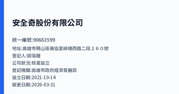 安全奇股份有限公司的照片-統編 90663599(高雄市) 公司登記資料與營業項目詳細圖表