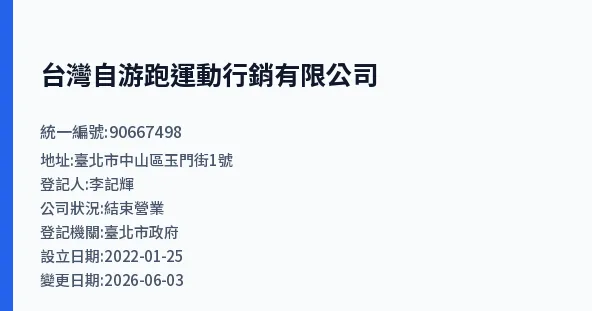 台灣自游跑運動行銷有限公司的照片-統編 90667498(臺北市) 公司登記資料與營業項目詳細圖表