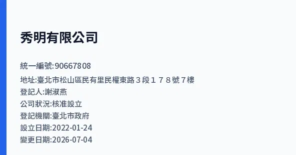 秀明有限公司的照片-統編 90667808(臺北市) 公司登記資料與營業項目詳細圖表