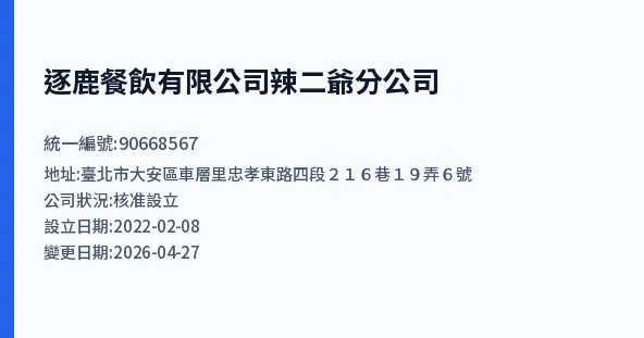 逐鹿餐飲有限公司辣二爺分公司的照片-統編 90668567(臺北市) 公司登記資料與營業項目詳細圖表
