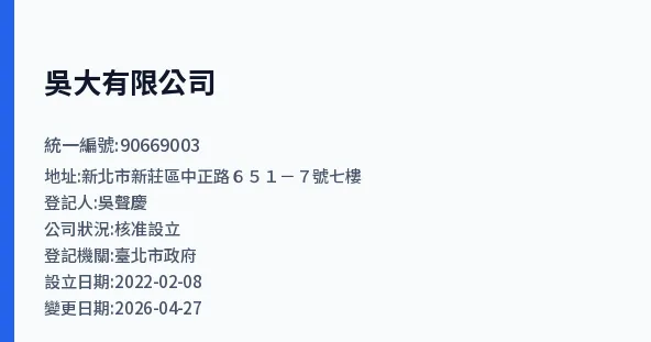 吳大有限公司的照片-統編 90669003(新北市) 公司登記資料與營業項目詳細圖表