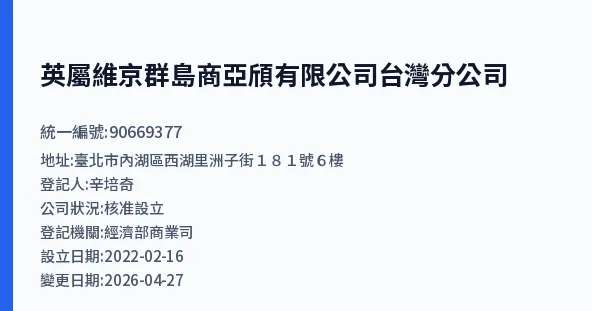 英屬維京群島商亞頎有限公司台灣分公司的照片-統編 90669377(臺北市) 公司登記資料與營業項目詳細圖表