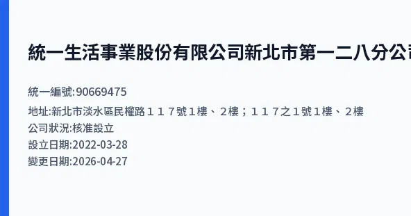 統一生活事業股份有限公司新北市第一二八分公司的照片-統編 90669475(新北市) 公司登記資料與營業項目詳細圖表