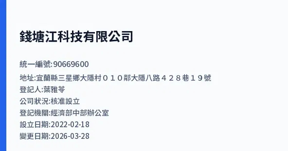 錢塘江科技有限公司的照片-統編 90669600(宜蘭縣) 公司登記資料與營業項目詳細圖表