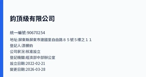 鈞頂級有限公司的照片-統編 90670254(屏東縣) 公司登記資料與營業項目詳細圖表