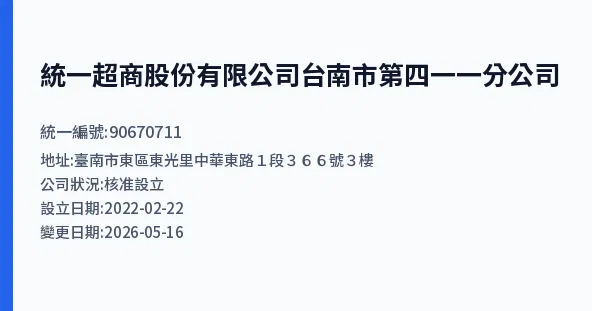 統一超商股份有限公司台南市第四一一分公司的照片-統編 90670711(臺南市) 公司登記資料與營業項目詳細圖表